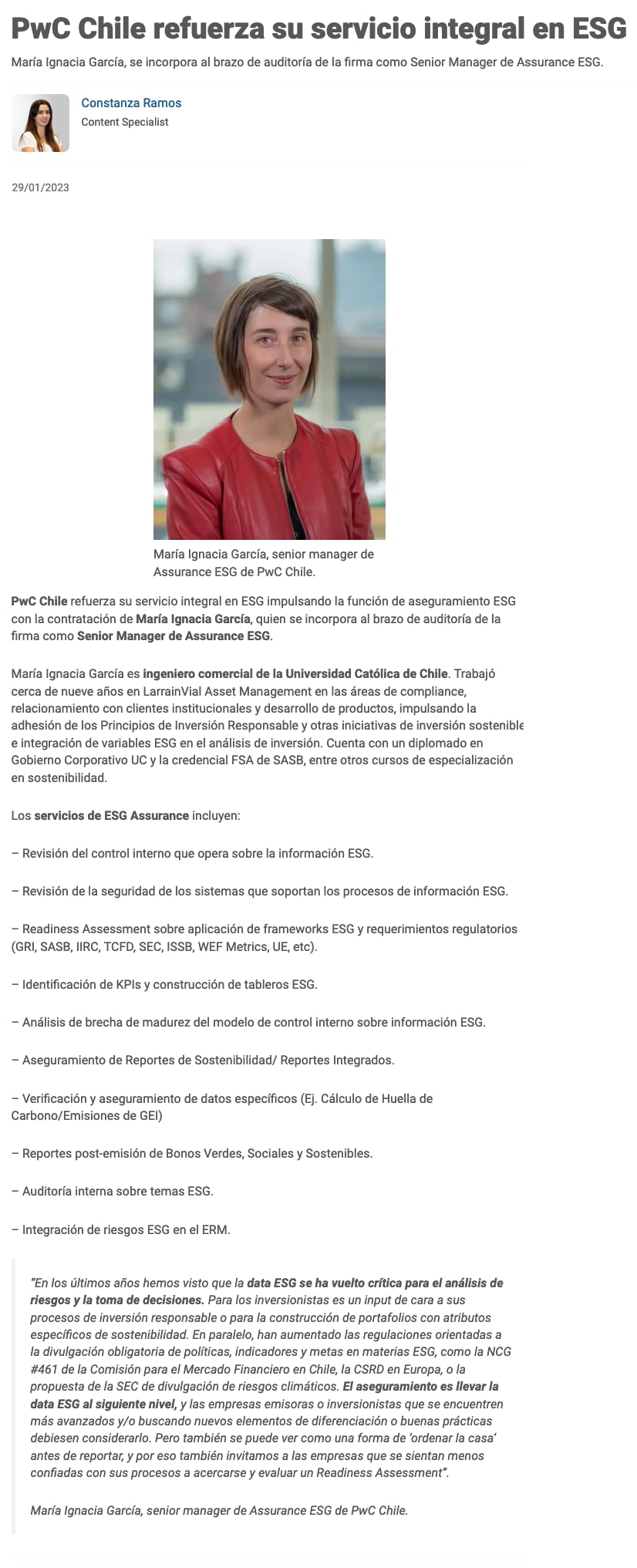 PwC Chile refuerza su servicio integral en ESG