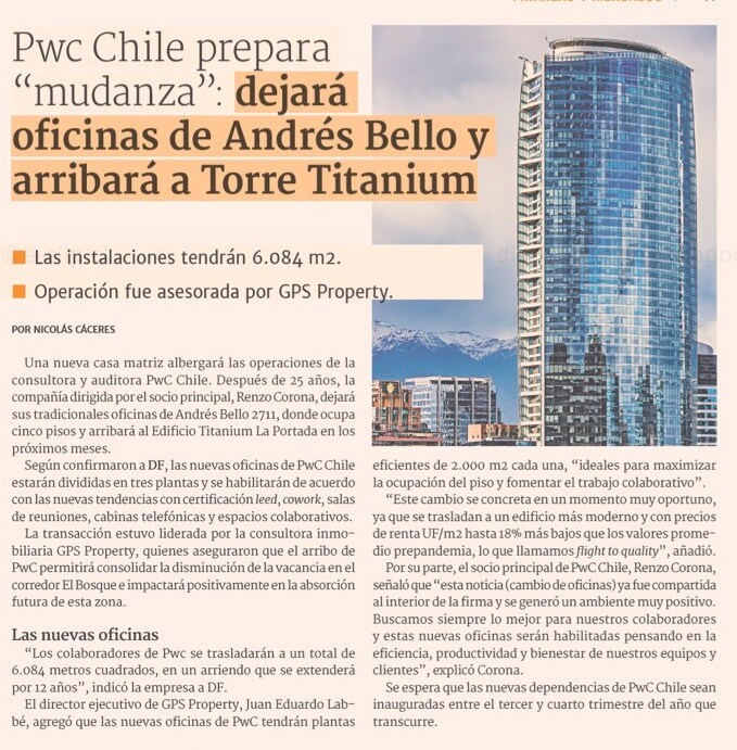 PwC Chile prepara “mudanza”: dejará oficinas de Andrés Bello y arribará a Torre Titanium