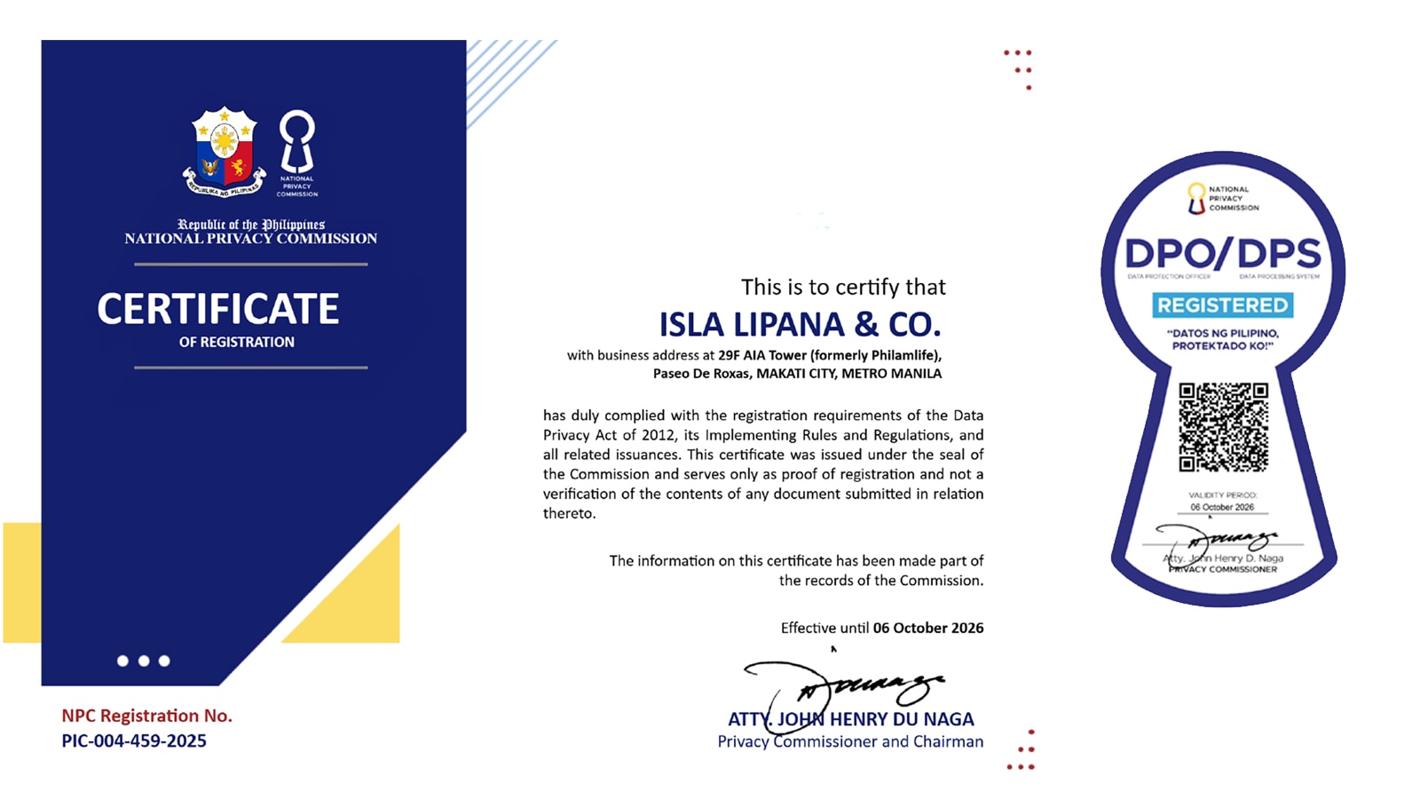 NPC Certificate of Registration and Seal of Registration